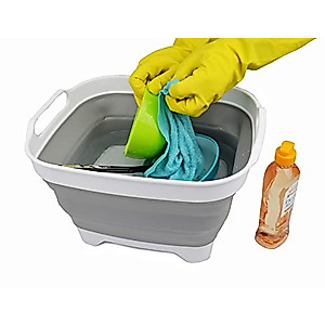 SAMMART 7.5L (2 Gallons) Collapsible Dishpan with Draining Plug - Foldable Washing Basin - Portable Dish Washing Tub - Space Saving Kitchen Storage Tray (White/Grey, 1)
