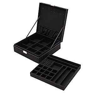 Black Jewelry Box with Lock and Key, 2 Layer Travel Display Case and Storage Organizer with Removable Tray for Earrings, Men, Girls, and Women (10.5x10.5x3.5 in)