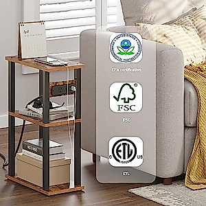 TUTOTAK Small Narrow Side Table with Charging Station, Skinny End Table for Small Spaces, Slim Nightstand with USB Ports and Outlet, Sofa Beside Table with Wheels, Brown TB01BB046