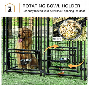 PawHut 5' x 5' x 5' Outdoor Dog Kennel with Rotating Bowl Holders, Walk-in Pet Playpen, Welded Wire Steel with Water and UV-Resistant Canopy, Red