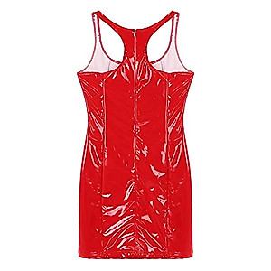 Mufeng Womens Sexy Sleeveless Bodycon Mini Club Dress Thick Shoulder Square Neck Latex Dress Red S