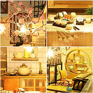 Yuzhen DIY Miniature Dollhouse Kit with Furniture and LED Lights, Japanese Wooden Dollhouse Includes Dustcover and Music Box, Collectibles for Hobbies