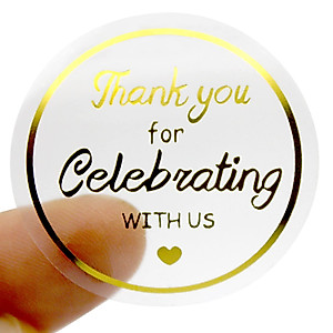 Gold Foil Thank You for Celebrating with Us Sticker Roll 500 Pcs Round Clear Wedding Stickers Glitter Seal Stickers Labels 1.5 Inch
