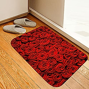Red Rose Flower Print 17MM Thick Memory Foam Bathroom Carpet and Door Mat Non-Slip Absorbent Super Bath Mats Comfortable Flannel Bathroom Carpet Bed Rug 29 X 17 Inches