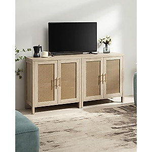 SICOTAS Sideboard Buffet Credenza Cabinet - 2 Pieces Farmhouse Coffee Bar Cabinets with Gold Mesh Doors and Storage - Industrial Accent Liquor Cabinet for Kitchen Living Room Hallway (Light Oak)