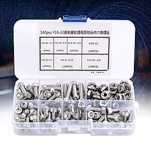 140Pcs #10-32 Stainless Steel Hex Socket Cap Hd Bos Hex Screw Assoment Kit, with Plastic Storage Box