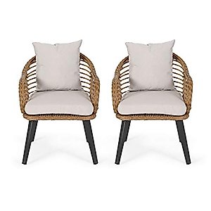 Becky Indoor Wicker Club Chairs with Cushions (Set of 2), Light Brown and Beige