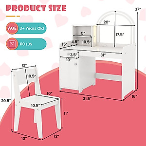 INFANS Kids Vanity, Princess Makeup Desk and Chair Set with Lights Mirror Drawer Storage Shelves, Wooden Dressing Table, Pretend Play Vanity Set for Toddler Girls