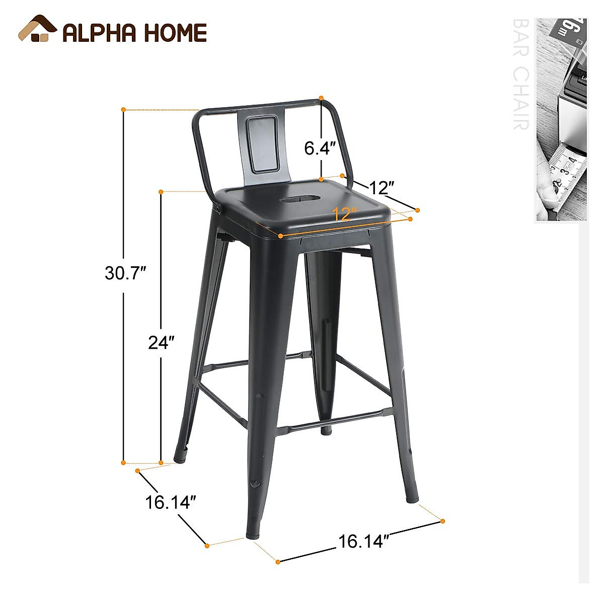 ALPHA HOME Metal Bar Stool Patio Stool 24 inches Counter Height Stools Set of 4 with Low Back Bar Chair for Indoor-Outdoor Kitchen Weight Capacity 350 lb, Matte Black