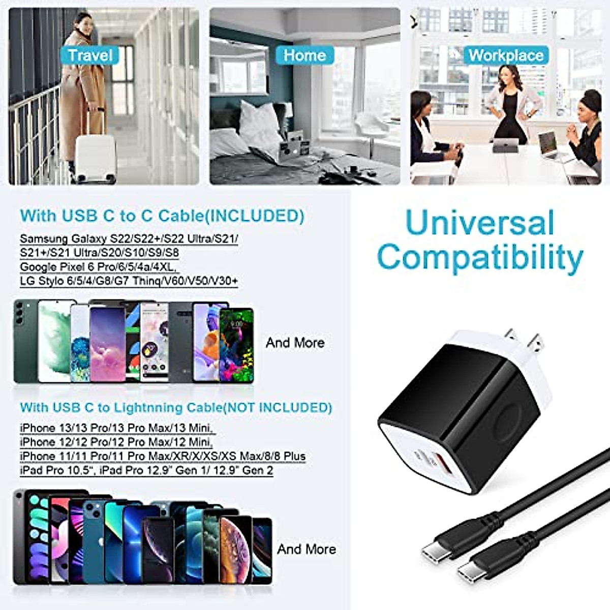 USB C Fast Charger 20W Type C Charger Block Wall Charger Adapter Box with 6ft Android Phone Charger Cable for Samsung Galaxy S22,S21,S20,S10,A03S,A13 5G,A53 5G,Z Flip/Fold 4,Pixel 7 Pro/7/6 Pro/6a/5