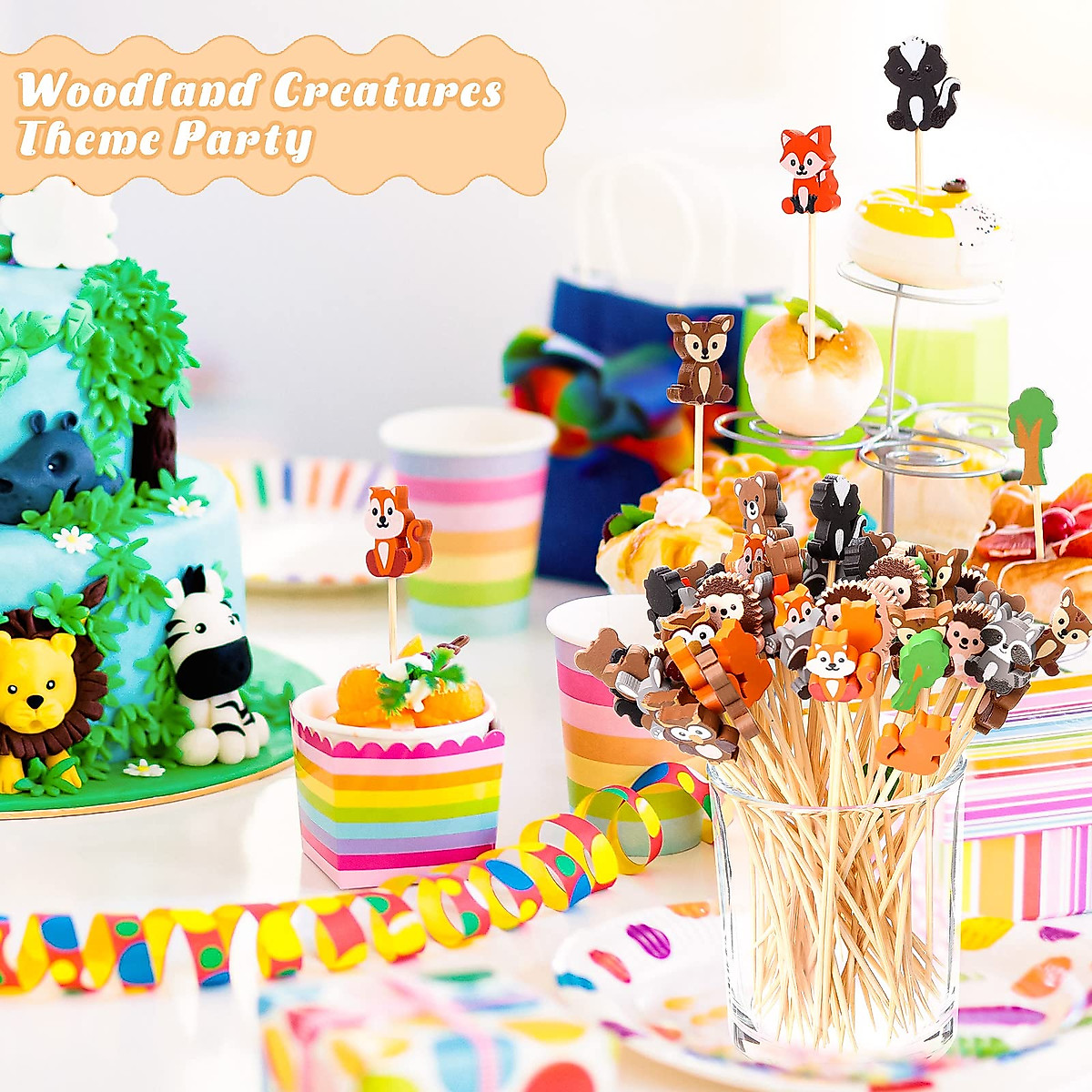 Woodland Animal Cocktail Picks Safari Animal Cupcake Toppers Jungle Party Food Appetizers Toothpicks for Baby Shower Birthday Party Drink Fruit Dessert Decorations Supplies (100)