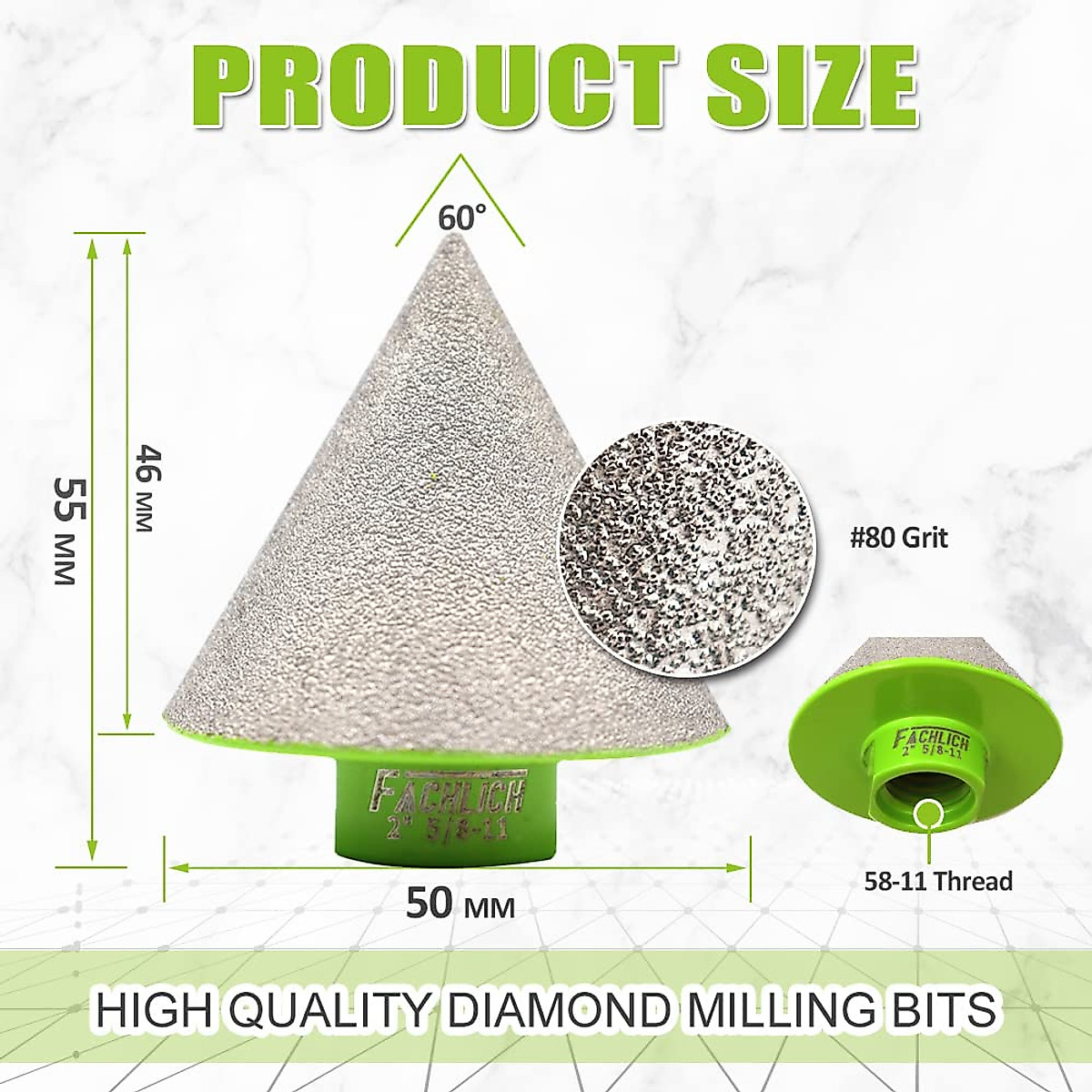 FACHLICH Diamond Cone Tile Bit - 2" Beveling Chamfer Bit 50mm for Enlarging Chamfering Milling Holes in Porcelain Tile Ceramic Marble