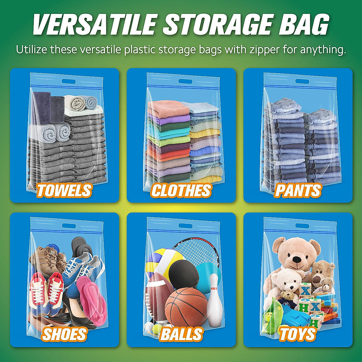 HIBAG 25 Gallon Jumbo Storage Bags, 35” x 24” Resealable Clear Bags with Handle, Extra Large XL Heavy Duty for Clothes Pillow Travel Moving, Pack of 10