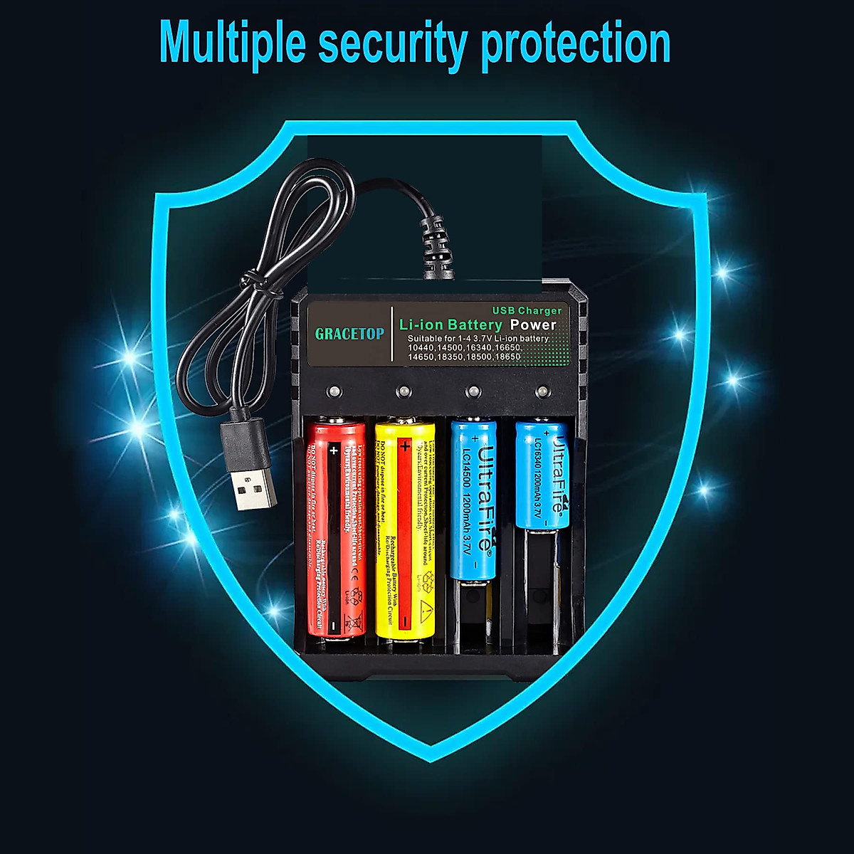 18650 Battery Charger 4 Bay, Smart Universal Charger for Flashlight Headlamp Battery 3.7V Lithium Li ion Batteries Compatible 18650 14500 16340 Battery Charger