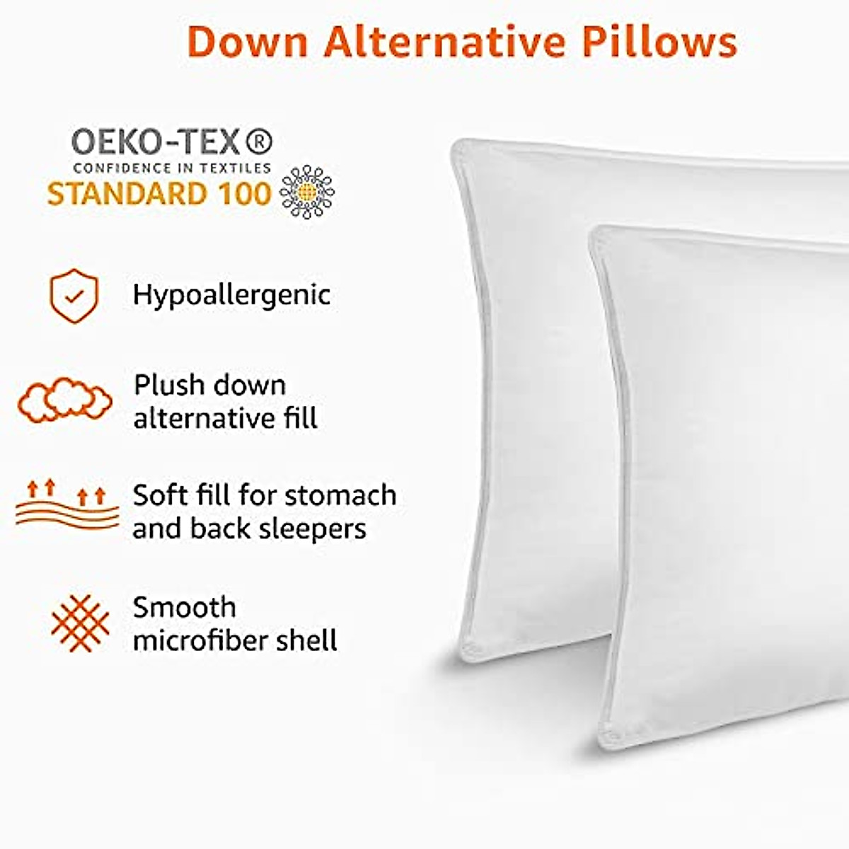 Amazon Basics Down Alternative Pillows, Soft Density For Stomach and Back Sleepers, Standard, Pack of 2, White, 26 in L x 20 in W
