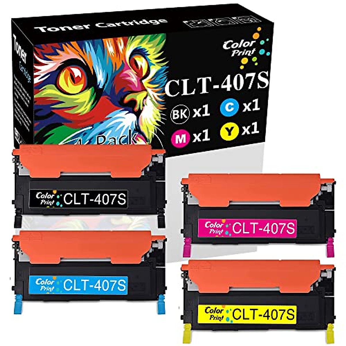 4-Pack ColorPrint Compatible Toner Cartridge Replacement for Samsung CLP325 CLT407S CLT-407S 407S Work with CLP-325 CLP-320 CLP-320N CLP 325W 326 CLX-3180 CLX-3185FW CLX-3185N CLX-3186 Printer (BCMY)