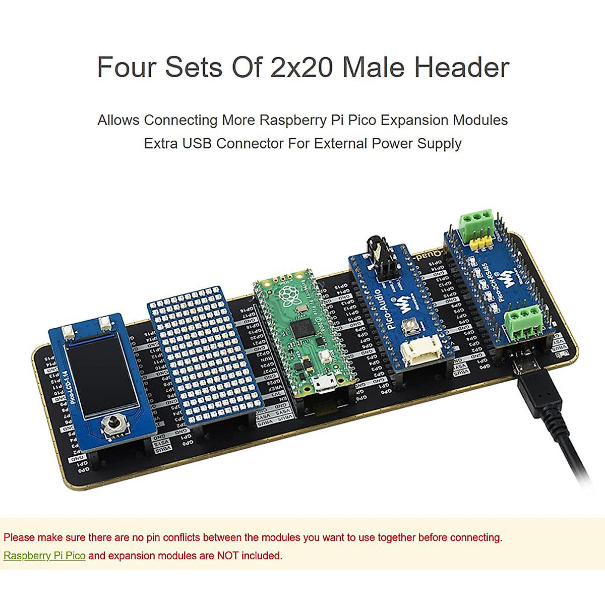 Quad GPIO Expander for Raspberry Pi Pico for Connecting More Expansion Modules Four Sets of Male Headers USB-Powered Support @XYGStudy (Pico-Quad-Expander)