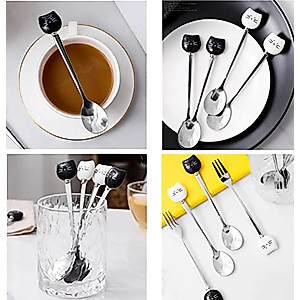 Cute Cat Coffee Spoon and Fork Set, Ceramic Stainless Steel Cat Dessert spoon Drink Spoons Fruit Fork, 5.7/7.2 Inch (5.7 inch, White&Black(Spoon+Fork Set A))