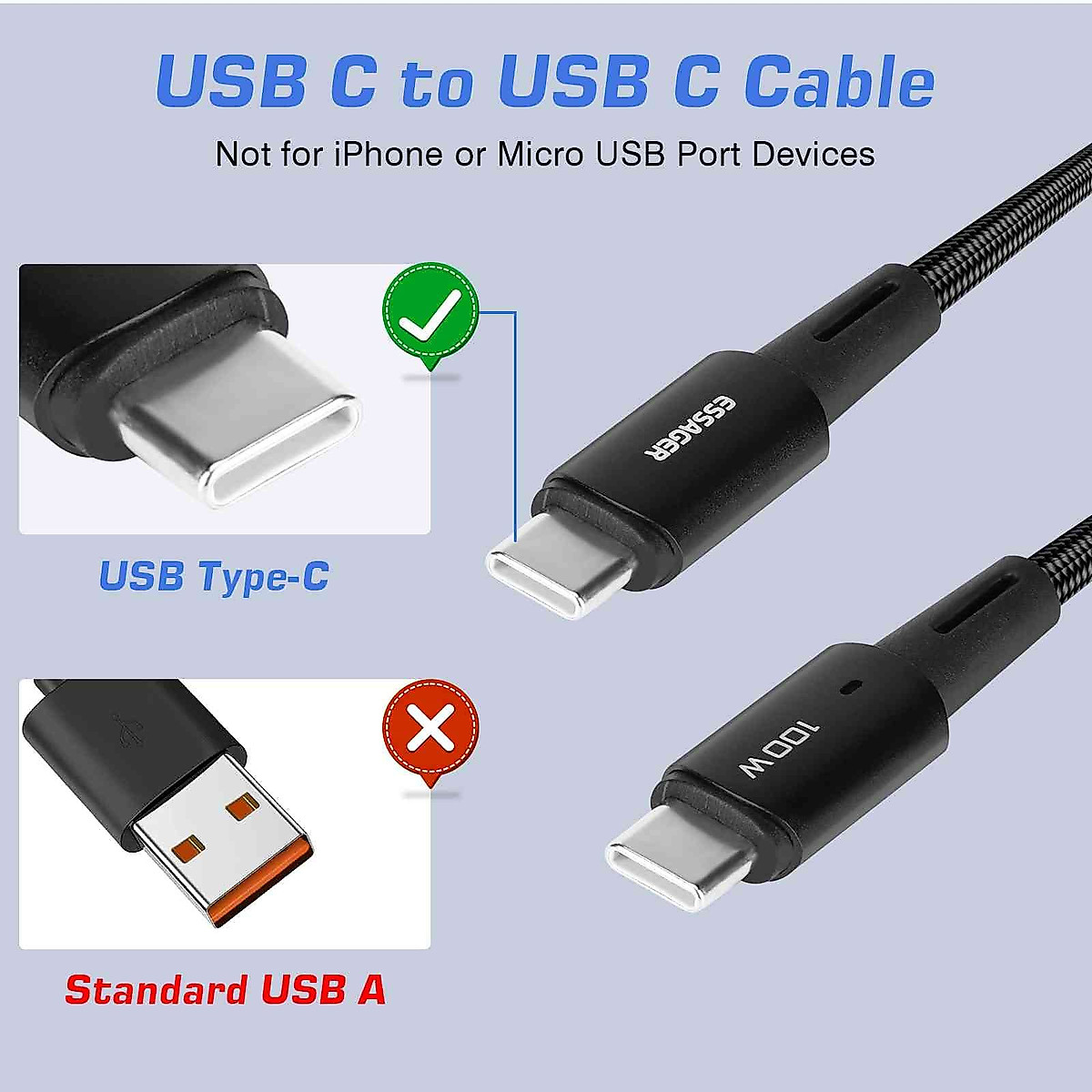UrbanX USB C to USB C Cable 6.6ft 100W, 2Pack, USB 2.0 Type C Charging Cable Fast Charge for Microsoft Surface Duo 2, iPad Pro 2020, iPad Air 4,Pixel, Switch, LG, and More (Black)