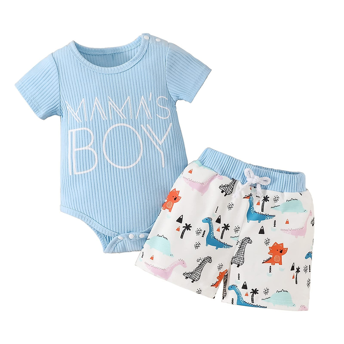 Newborn Infant Baby Boy Clothes Mamas Boy Ribbed Knitted Cotton Romper Dinosour Short Summer Outfits Set (Blue-short, 0-3 Months)