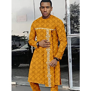 Bazin Riche African Traditional Clothing Set for Men Dashiki Print Long Coats and Ankara Pants 2 Piece Outfits 4 S