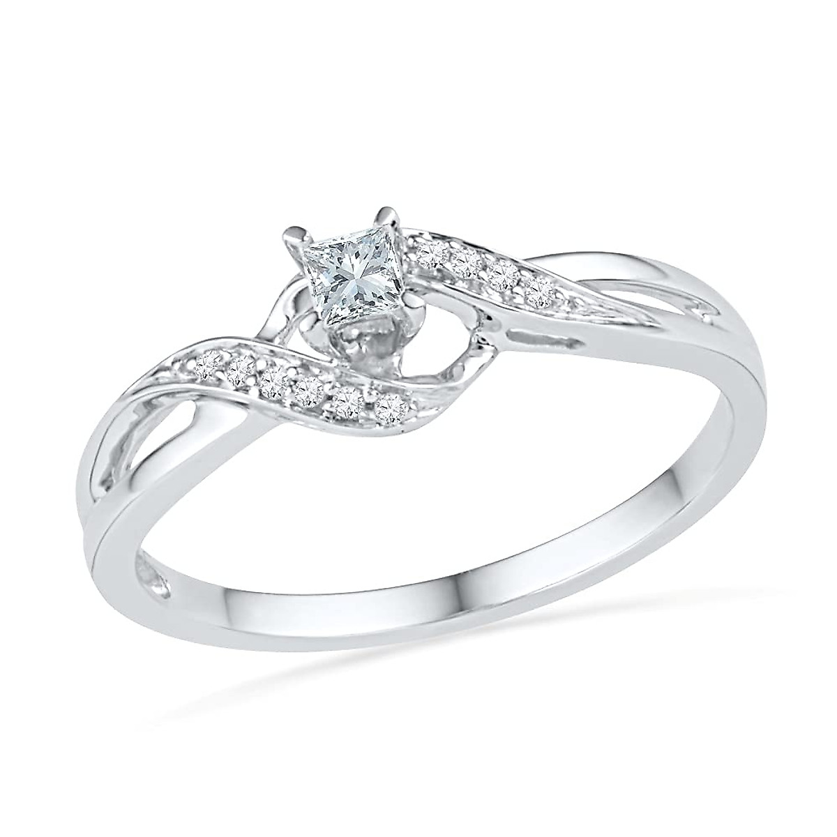 DGOLD 10KT White Gold Princess and Round Diamond Promise Ring (0.13 CTTW) (6.0)
