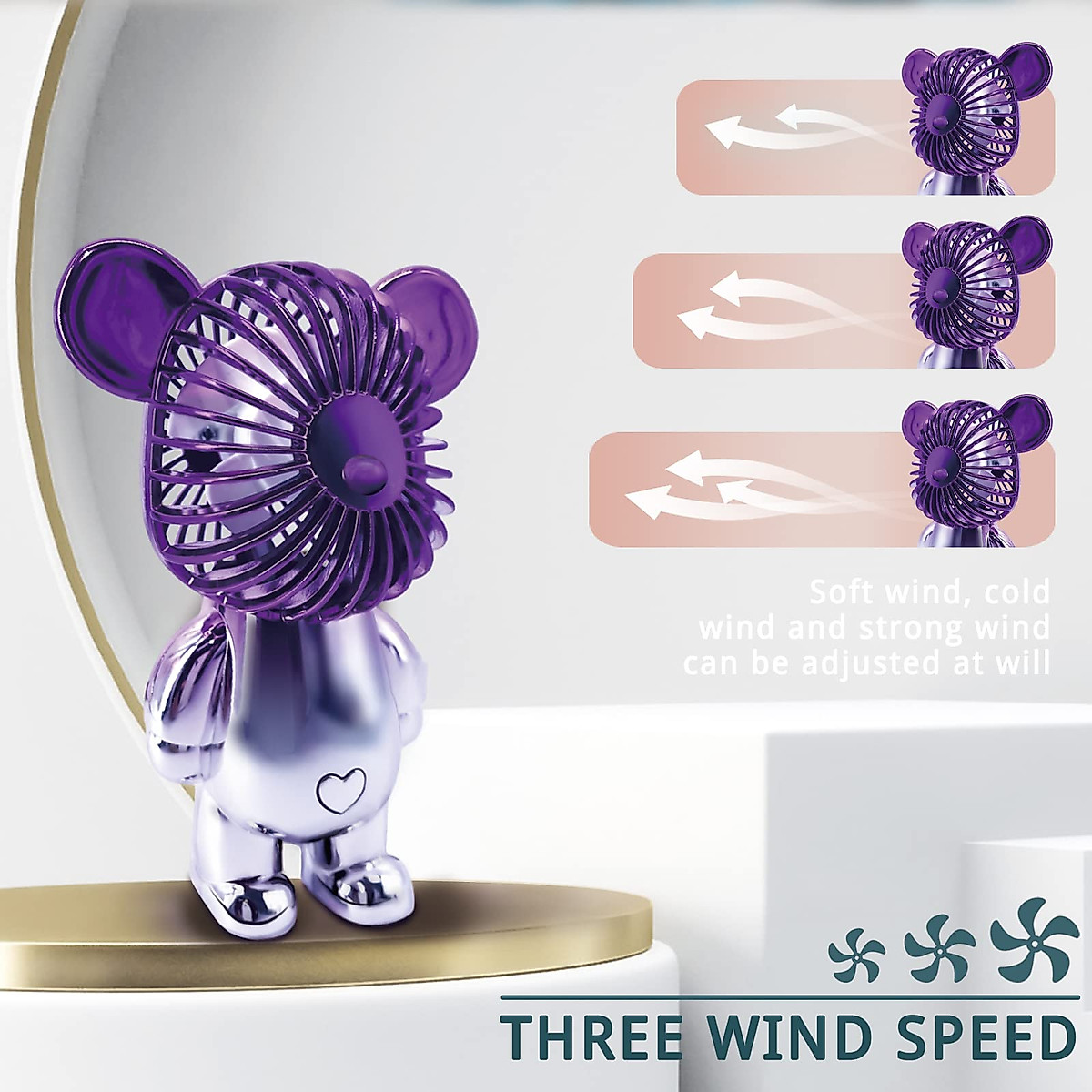 TUNISE USB Desk Fan, Colorful Bear Design Fan, Portable Desktop Fan, Rechargeable Battery Powered Fan, Three Adjustable Air Speeds, USB Connection Charging, Perfect for Office Home Outdoor Travel