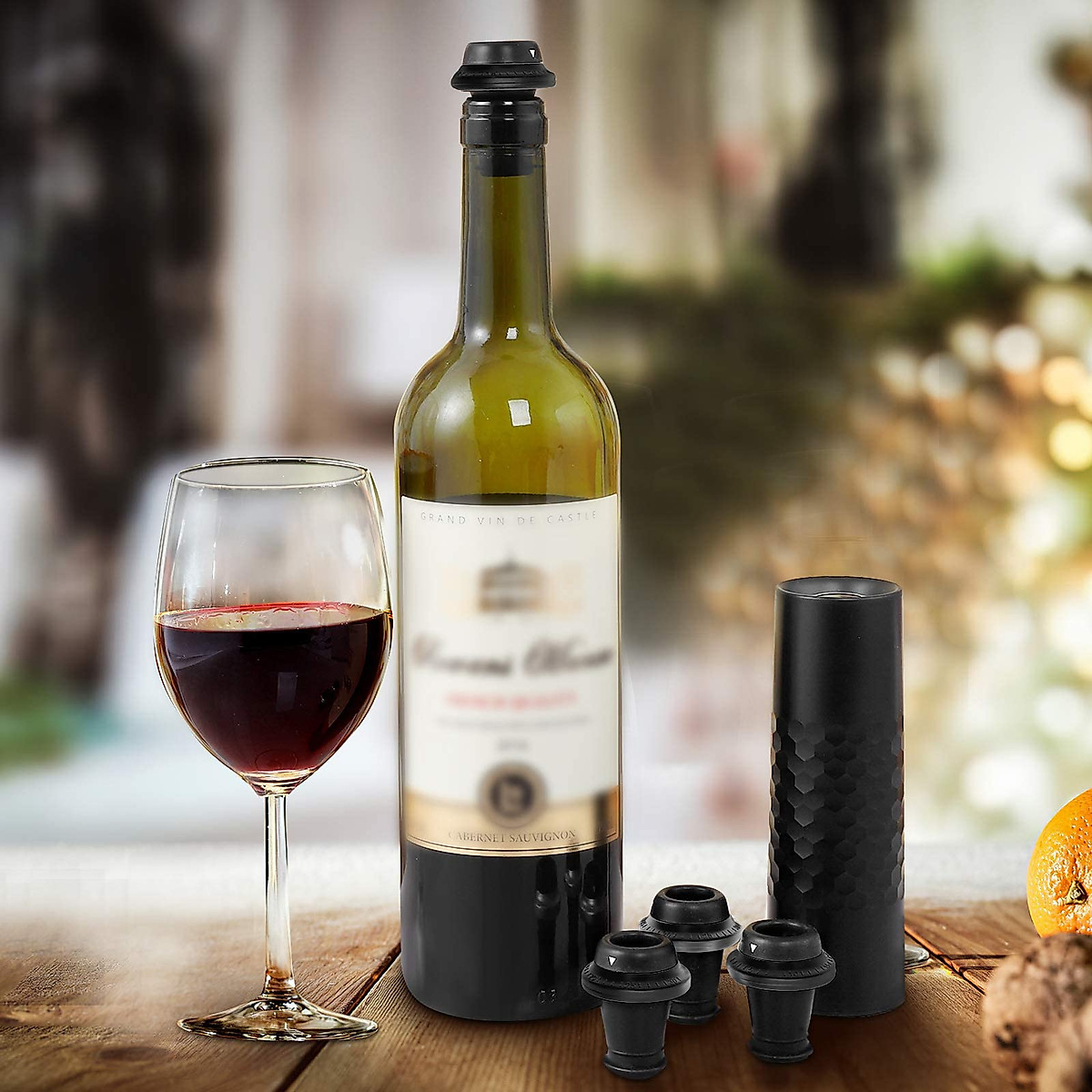 Winirina Automatic Wine Saver Pump Set for Red Wine with 4 Reusable Vacuum Bottle Sealer Stoppers USB Type-C Charging - Black