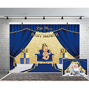 DORCEV 8x5ft Royal Little Prince Baby Shower Photography Backdrop Blue Curtain Carpet Gold Crown Background for Royal Newborn Baby Shower Party Supplies Photo Studio Props