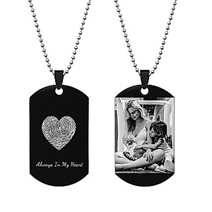 Dreambell Personalized Engraved Custom Heart Fingerprint Photo Picture Dog Tag Pendant Ball Memorial Jewelry N 24" Gift F/Wife Husband Couple Lover Keepsake Black