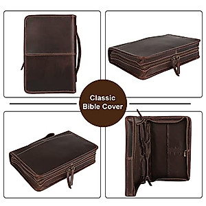Leather Bible Cover Book Cover Planner Cover with Handle and Back Pocket Size 10.8x6.8x2 inches (Buffalo Leather)