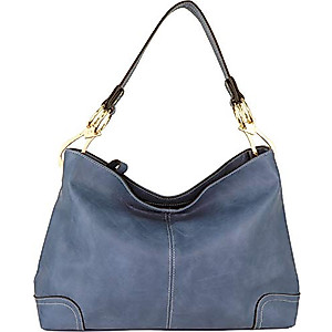 B BRENTANO Vegan Leather Large Hobo Shoulder Bag with Snap Hook Hardware (Denim.)
