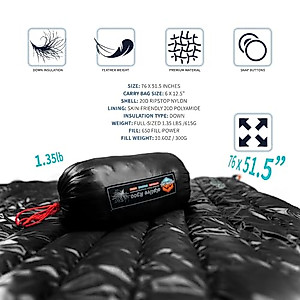 ZOOOBELIVES Ultralight Down Camping Blanket - 1.35lbs, 650 Fill Power Puffy Quilt. Compact & Warm Comforter for Travel, Beach, Hammock, Backpacking - Elevate Your Outdoor Comfort - AlpliveR300