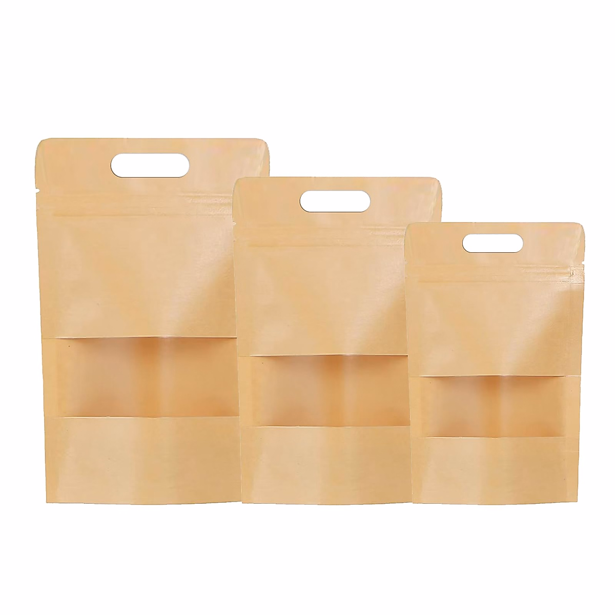 Muka 100 PCS Kraft Heat Sealable Stand Up Pouch Bags w/Handle Reusable Food Pouches Bags, 9.3"W x 13.8"H x 4"D, 7 mil