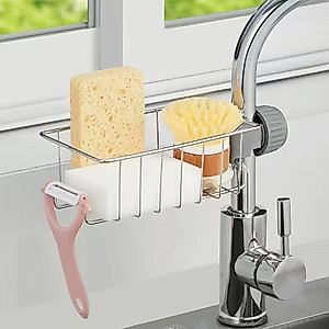 SooGree Kitchen Sink Organizer Over Faucet Sponge Holder,304 Stainless Steel Heavy Duty Thickening Hanging Faucet Drain Rack for Scrubbers,Soap,Bathroom,Detachable Storage Rack(Heighten and Lengthen)