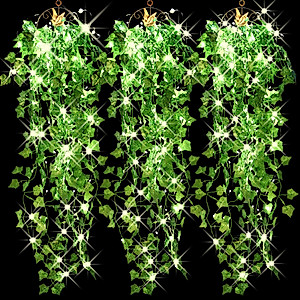 Mudder Fake Ivy Vines with Lights, LED Artificial Hanging Green Leaves Vines for Outdoors Patio Porch Decor (Basket Not Included) (Ivy Style, 3 Packs)