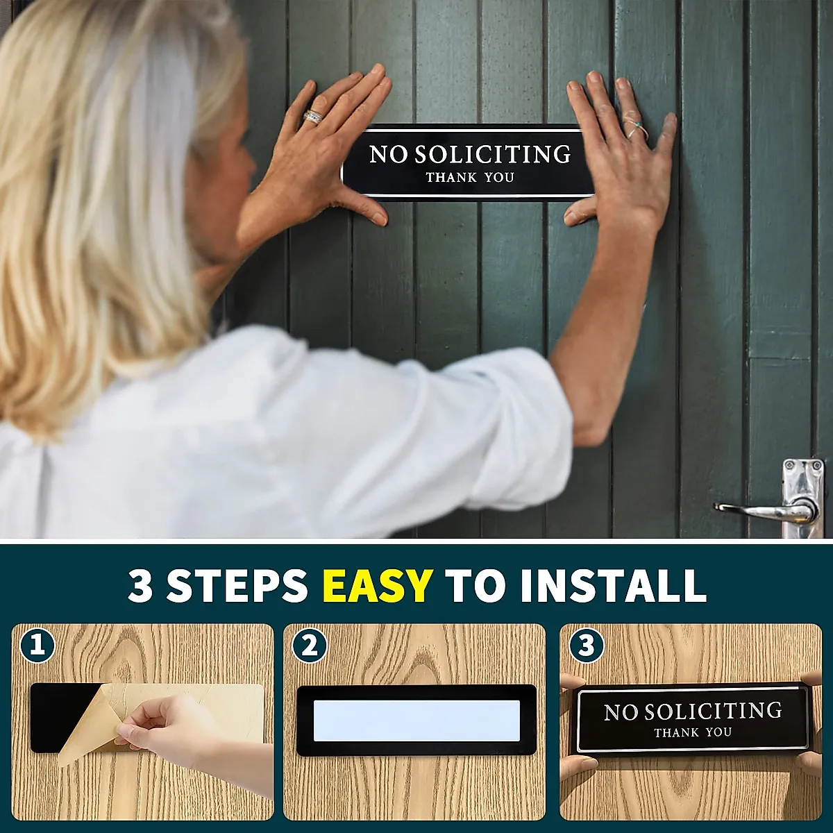 2 Pack No Soliciting Sign for House — Keep Solicitors Away, with Strong Adhesive Tape for Any Surface, 8.2 × 2.4 Inch, Stylish & Prominent Design, Perfect for Home Office Front Doors, Walls, Windows