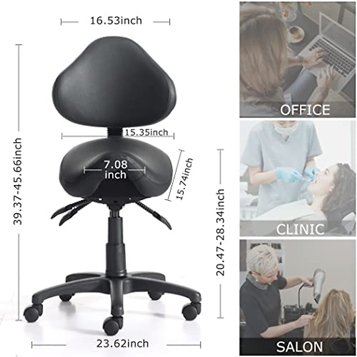 Eognyzie Adjustable Saddle Stool Chairs with Back Support Ergonomic Rolling Esthetician Seat for Salon Tattoo Shop Spa Home Dentist Clinic