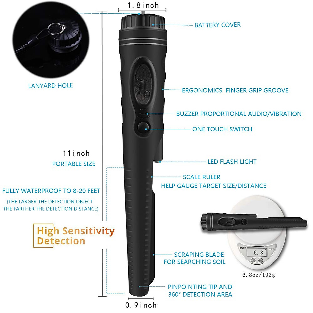 Fully Waterproof Pinpoint Metal Detector Pinpointer 360° Search Pinpointing Finder Probe Treasure Hunting Tool Accessories for Adults and Kids (Three Mode) 2023 Hs08-Black