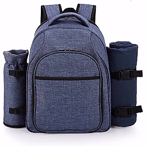 4-Person Picnic Backpack Bag with Cooler, Removable Water Bottle/Wine Rack, Outdoor Fleece Blanket, Plate and Cutlery Picnic Set (4-Person, Gray)