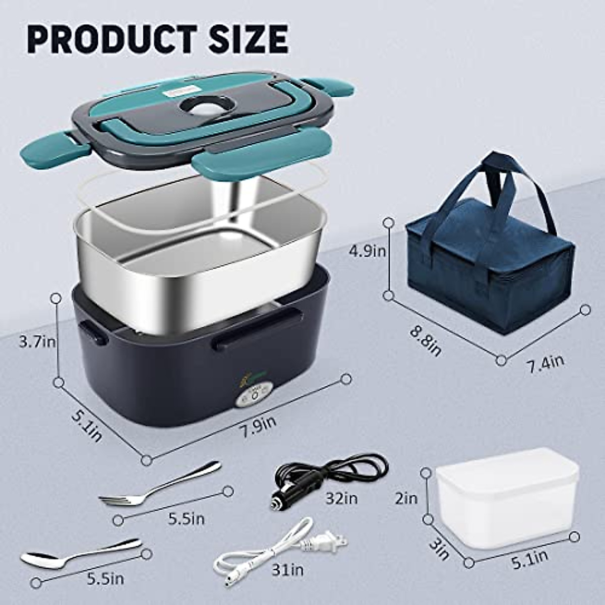 Yoorbee Electric Lunch Box Food Heater, 60W Heated Lunch Boxes for Adults,Durable 3-In-1 Portable Food Warmer for Car& Home/Office,Leak-proof,with Fork&Spoon,Carry Bag