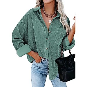 Dokotoo Womens Corduroy Shirts Button Down V Neck Long Sleeve Blouse Casual Roll Up Cuffed Tops with Pockets L Green