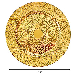Frcctre 12 Pack Round Charger Plates, 13 Inch Decorative Gold Plastic Charger Dinner Plates, Reusable Elegant Diamond Pattern Serving Plates for Wedding, Dinner Party, Event Table Decoration