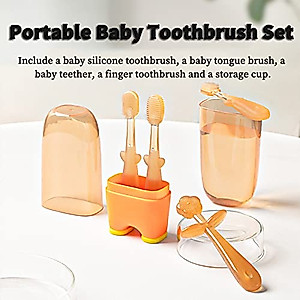 FOKiiBO Baby Silicone Toothbrush Set, Toothbrush + Tongue Brush + Baby Teether + Finger Toothbrush with Cup for Training Teething, 0-18M Infant Toddler Newborn Baby Teeth Brushes (Amber)