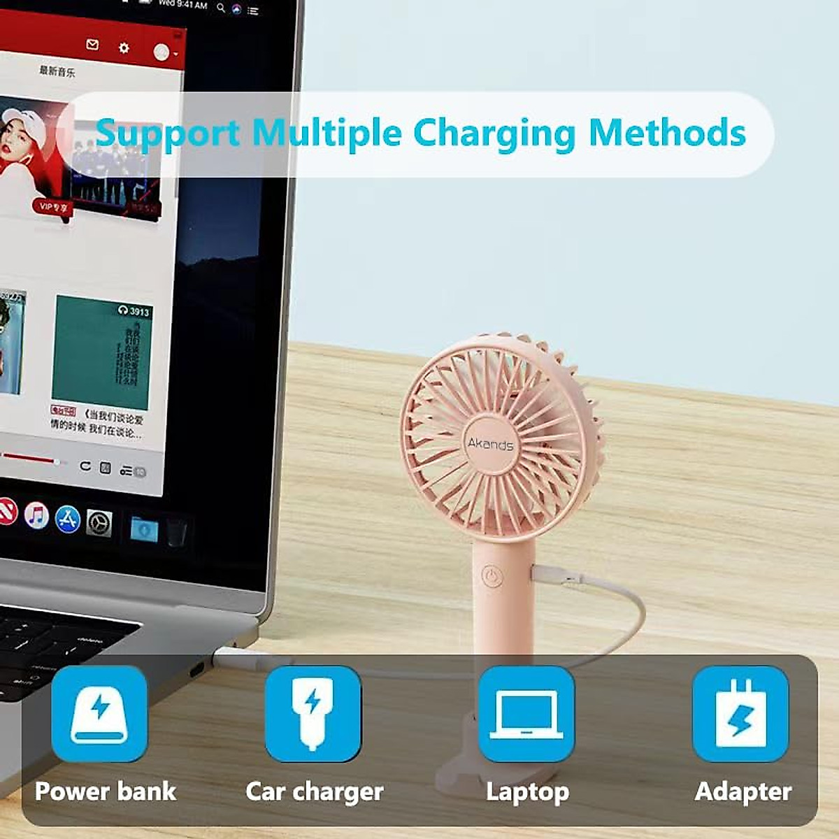 AKANDS Mini Portable Electric Fan, USB Rechargeable Handheld Fan Three-Speed Adjustment, Personal Fan with Phone Holder Base, Lightweight Fan for Stylish Girls, Women and Men Indoor Outdoor (Blue)