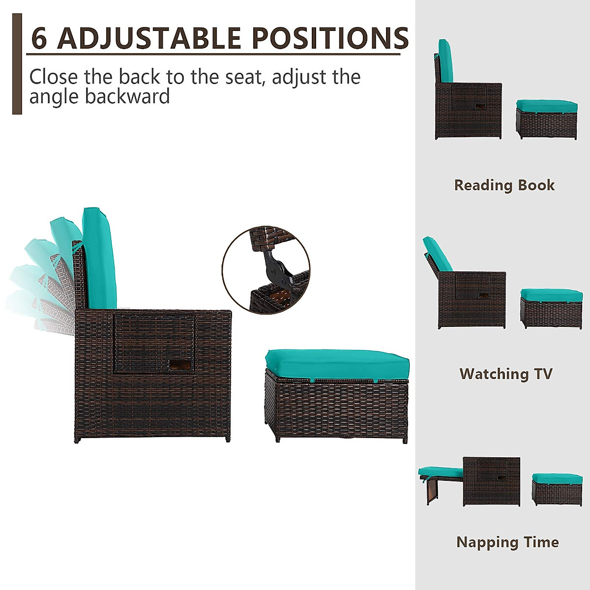 VUYUYU 5PCS Patio Wicker Furniture Set - Outdoor PE Rattan Loveseat Sofa with Adjustable Backrest, Coffee Table, Ottoman - Patio Lounge Chair for Garden, Beach, Poolside, Balcony, Backyard, Deck