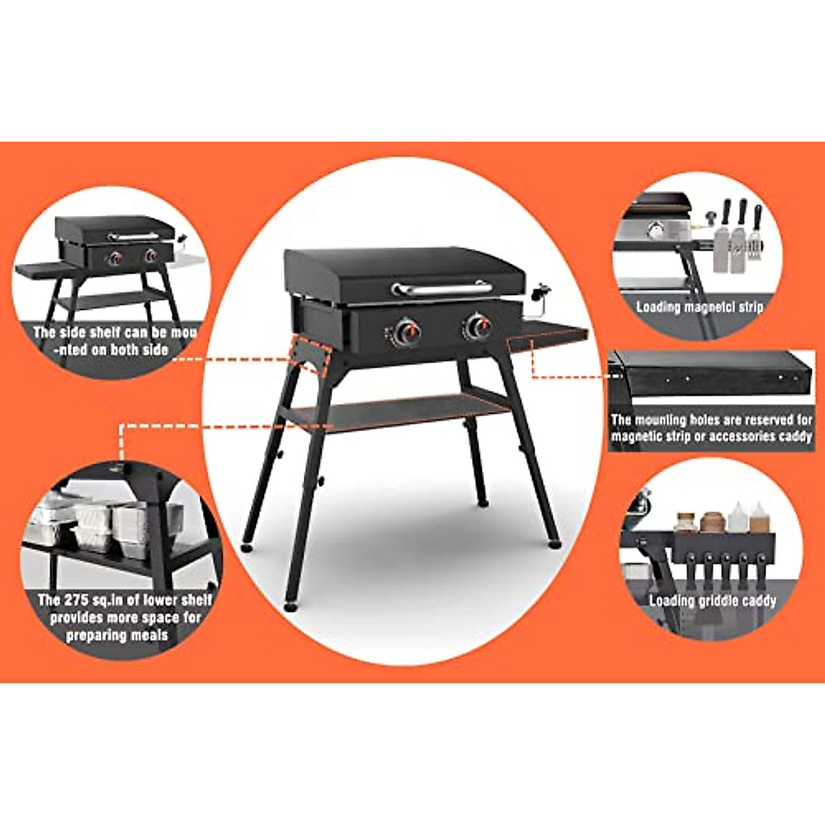 Foldable Blackstone Griddle Stand with Lower Shelf and Side Shelf, Compatible with Blackstone 17 Inch, 22 Inch Tabletop Griddle, Legs with Leveling Feet, Dual Adjustable Height