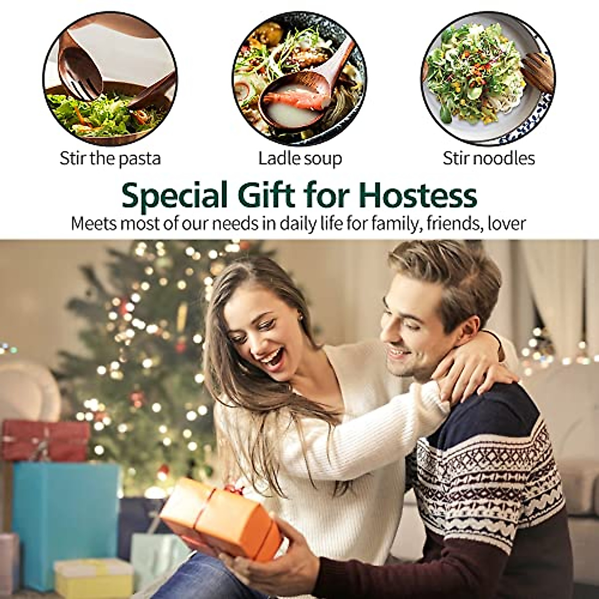 Salad Servers, Wood Salad Tongs, 10.2in Salad Spoon and Fork Set, Long Handle Salad Server Set for Mixing, Tossing and Cooking (Salad Spoon and Fork Set)