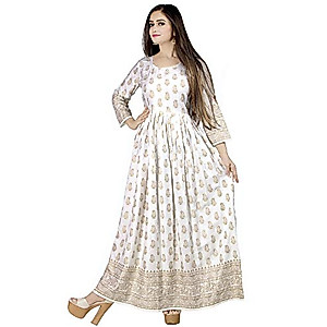 Chandrakala Gold Foil Printed Long Kurti for Women Rayon Indian Anarkali Ethnic Tunic Top Kurta Kurti Dress,X-Large (K199WHI4)