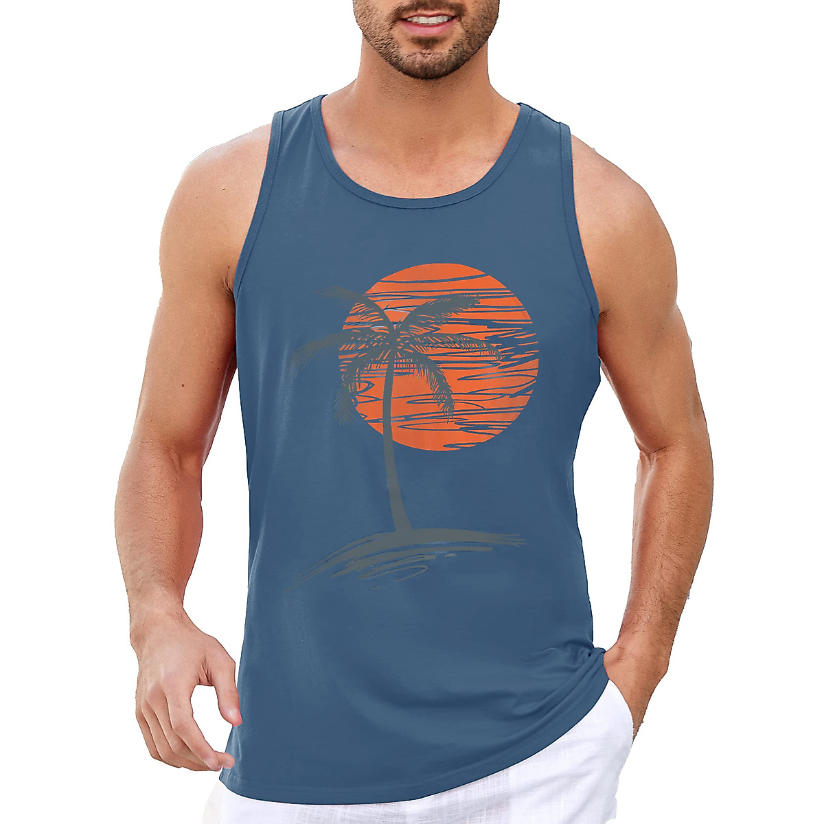 Damorong Mens Sleeveless Tank Tops Workout Gym Shirts Palm Tree Vintage Style T-Shirt Blue